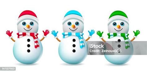 크리스마스 눈사람 캐릭터 벡터 세트 크리스마스 스노우 맨 3d 캐릭터 귀엽고 친근한 얼굴 표정으로 크리스마스 휴가 시즌 컬렉션 디자인 3차원 형태에 대한 스톡 벡터 아트 및