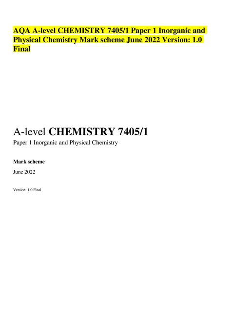 Aqa A Level Chemistry 7405 1 Paper 1 Inorganic And Physical Chemistry Mark Scheme June 2022