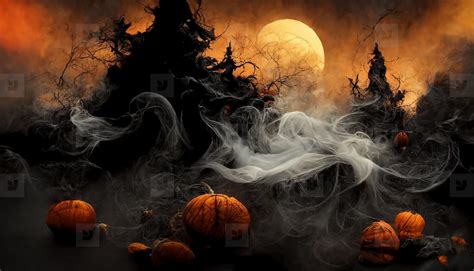 Halloween Pumpkin Horror And Smoke In Dark Background Creepy An Photo