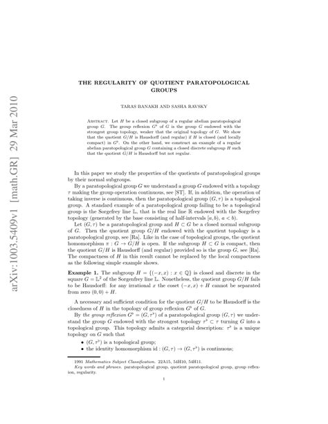 Pdf The Regularity Of Quotient Paratopological Groups