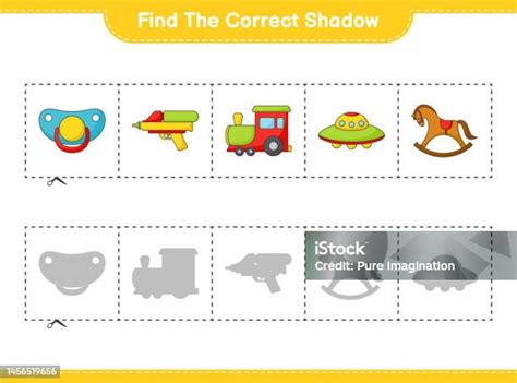 올바른 그림자를 찾으십시오 기차 Ufo 젖꼭지 물총 흔들 목마의 올바른 그림자를 찾아 일치시킵니다 교육 어린이 게임 인쇄 워크시트 벡터 일러스트 레이 션 경기 스포츠에 대한
