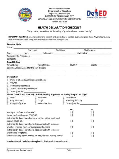 Health Declaration Checklist Pdf Health Sciences Epidemiology