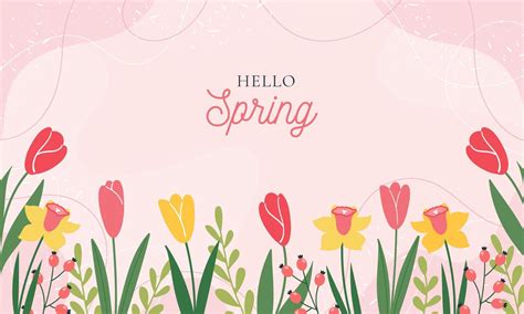 Hello Spring Vector Horizontal Spring Banner Floral Pink Background Tulips Colorful Spring