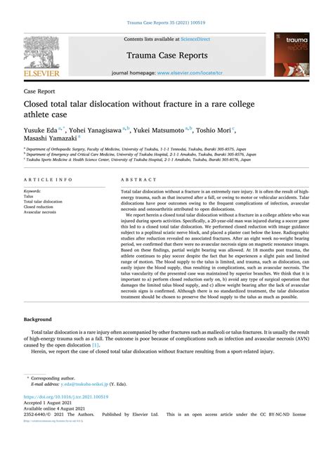 Pdf Closed Total Talar Dislocation Without Fracture In A Rare College Athlete Case