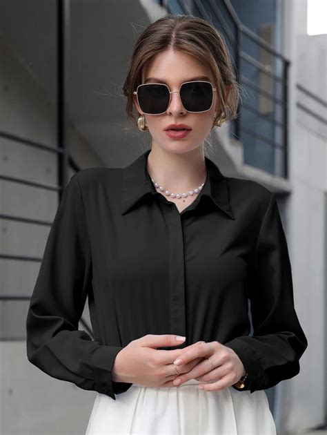 Solid Hidden Button Placket Blouse Shein Usa European Fashion Womens Button Down Shirt