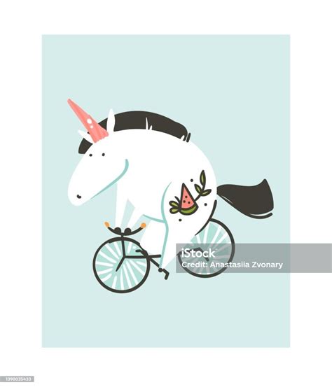 손으로 그린된 벡터 추상적인 그래픽 창작 만화 일러스트 아이콘 구식 문신 흰색 배경에 고립 된 자전거를 타고 간단한 유니콘