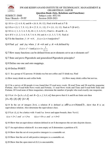 Question Bank Of Dms Sets Relations And Functions Pdf Function Mathematics Integer
