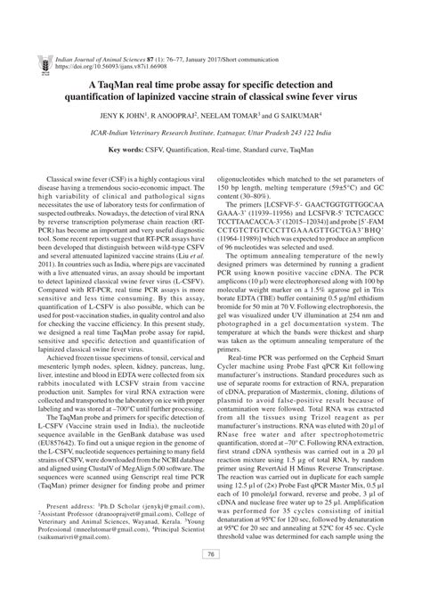 Pdf A Taqman Real Time Probe Assay For Specific Detection And Quantification Of Lapinized
