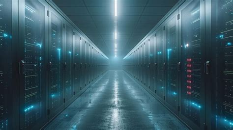 Mysterious Data Center Corridor With Illuminated Server Racks At Night