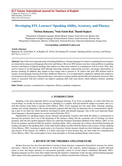 Pdf Developing Efl Learners Speaking Ability Accuracy And Fluency