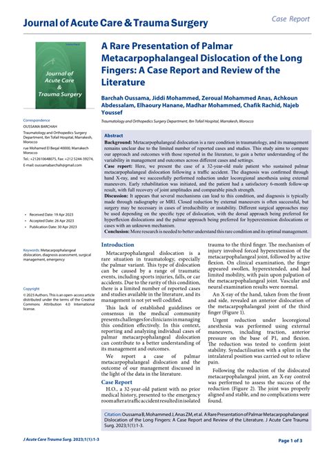 Pdf A Rare Presentation Of Palmar Metacarpophalangeal Dislocation Of