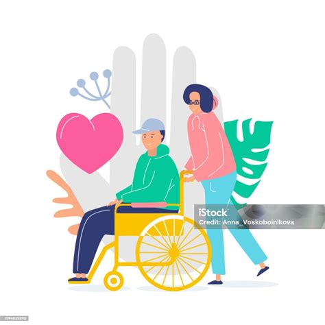 자원 봉사자는 휠체어에서 한 남자를 도움이 됩니다 도움의 손 길 그리고 심장입니다 식물 요소와 흰색 배경 벡터 평면 그림 건강관리와 의술에 대한 스톡 벡터 아트 및 기타