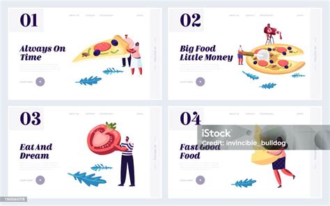 피자 웹 사이트 랜딩 페이지 피자를 먹는 사람들 칼로 잘라 케첩과 치즈를 넣어 맛있는 이탈리아 음식의 조각을 패스트 푸드 카페 비스트로 웹 페이지 만화 플랫 벡터 일러스트