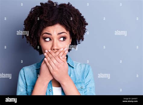 Close Up Portrait Of Astonished Girl Denim Clothes Hear Shocked Story