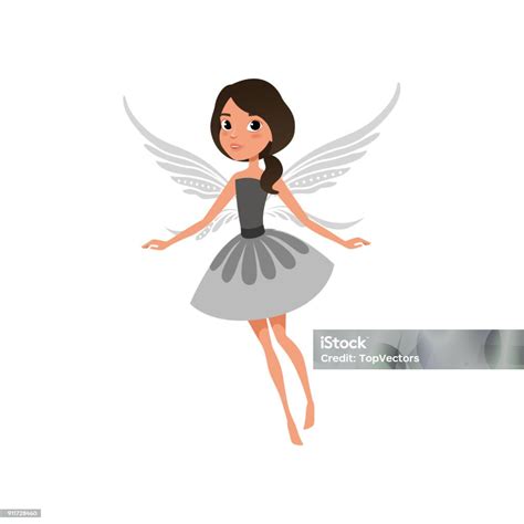 비행 행동에 큰 빛나는 눈의 요정 귀여운 여자 멋진 드레스 입고 마법의 날개와 신화에 나오는 생물 동화 문자입니다 만화 평면 벡터 디자인 귀여운에 대한 스톡 벡터 아트 및