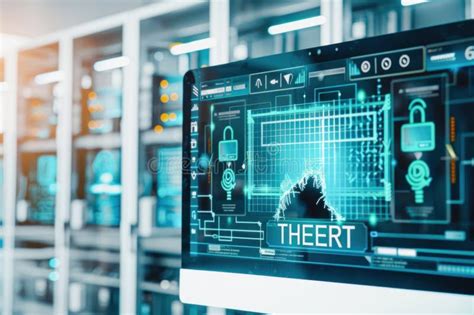 A Computer Monitor Displays A Server Room With A Spotlight Shining Down Stock Illustration