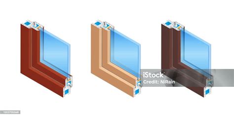 흰색 배경에 격리된 등색 벡터 일러스트레이션 플라스틱 창 프레임 프로파일 평면 만화 스타일의 이중 유리 창 Pvc 프로필의 단면 다이어그램 구조 코너 창 단면도에 대한 스톡