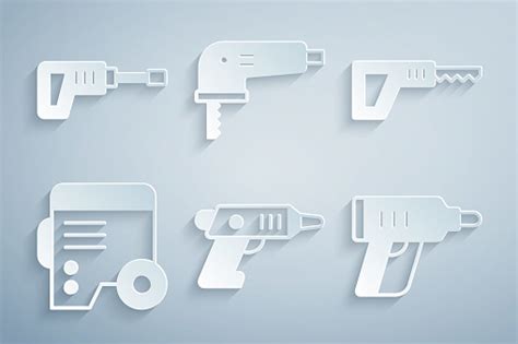 전기 무선 드라이버 왕복 톱 동력 발전기 퍼즐 및 로터리 해머 드릴 머신 아이콘을 설정합니다 벡터 3차원 형태에 대한 스톡 벡터