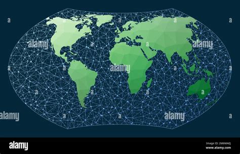 Abstract Telecommunication World Map Wagner Projection Green Low Poly World Map With Network