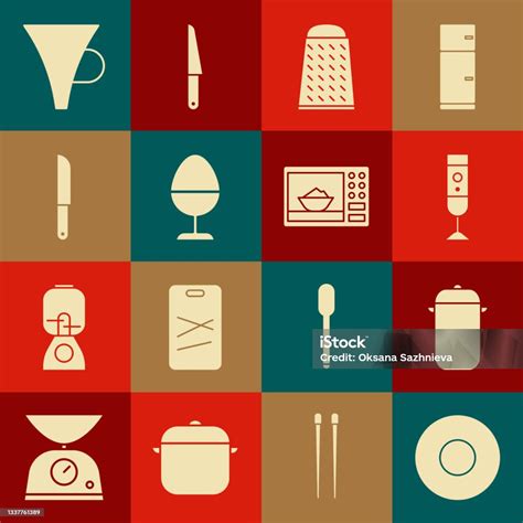 세트 플레이트 조리 냄비 블렌더 강판 스탠드에 치킨 달걀 칼 깔때기 또는 필터 및 전자 레인지 아이콘 벡터 가정 생활에 대한 스톡 벡터 아트 및 기타 이미지 Istock