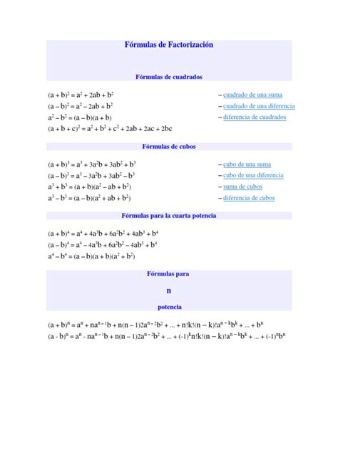 Fórmulas De Factorización Pdf
