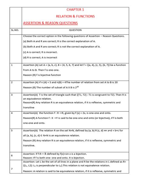 Assertion Reason On Relations And Functions Pdf Function Mathematics