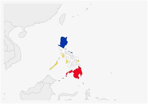 필리핀 국기로 강조된 필리핀 지도는 주변 국가와 함께 회색 지도 색상으로 표시됩니다 프리미엄 벡터