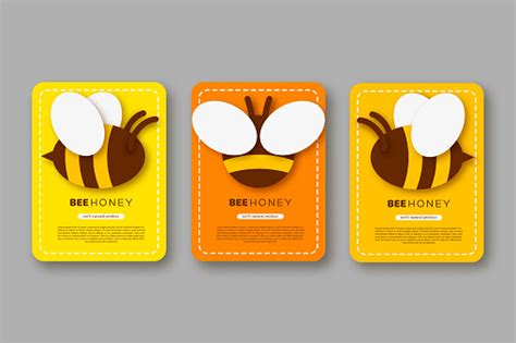 레이블 또는 스티커 종이 컷된 스타일 벌과의 집합입니다 양 봉과 벌 꿀 제품에 대 한 서식 파일 디자인입니다 노란색과 오렌지 배경 벡터 일러스트 레이 션입니다 건강관리와
