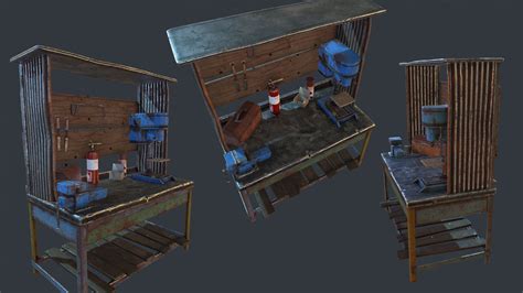 Three Different Views Of An Old Wooden Cabinet And Table With Items On It Including Two Chairs