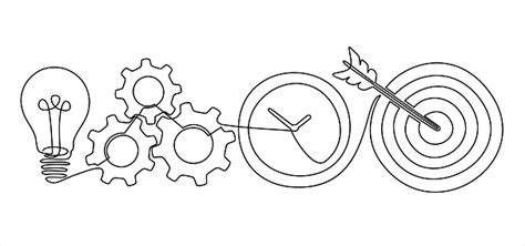 전구 시계 다트 보드 및 기어의 연속적인 한 선 그리기 스타트업 아이디어 창의적 상상력 잭팟 최고 점수 목표 및 교육 또는 비즈니스 성공 개념에 대한 스톡 벡터 아트 및