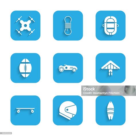 빈티지 스포츠 레이싱 카 헬멧 서핑 보드 행글라이더 롱 보드 스케이트 보드 럭비 공 래프팅 보트와 무인 항공기 비행 아이콘을 설정합니다 벡터 강에 대한 스톡 벡터 아트 및