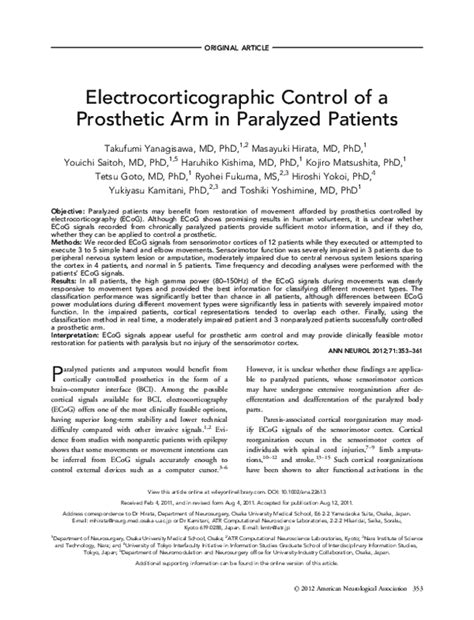 Pdf Electrocorticographic Control Of A Prosthetic Arm In Paralyzed Patients