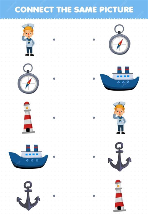 어린이를 위한 교육 게임은 귀여운 만화 선원 세트 인쇄 가능한 직업 워크시트의 동일한 그림을 연결합니다 프리미엄 벡터