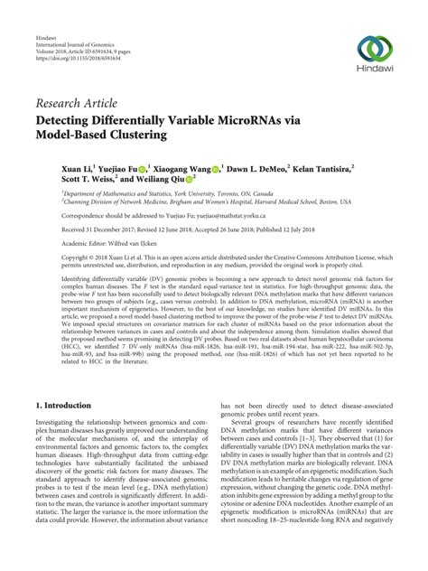 Pdf Detecting Differentially Variable Micrornas Via Model Based Clustering