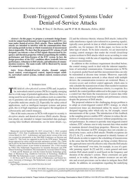 Event Triggered Control Systems Under Denial Of Service Attacks Download Free Pdf Computer