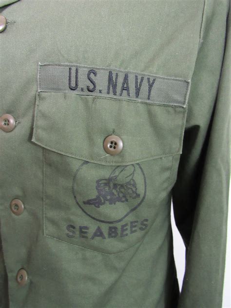 Vintage 60s 70s Us Navy Usn Seabees Long Sleeve Shirt 15 1 2 X 33