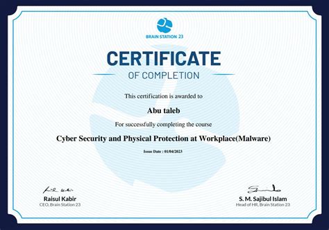 Certificate Of Completion Cyber Security And Physical Protection At Workplace Malware Md