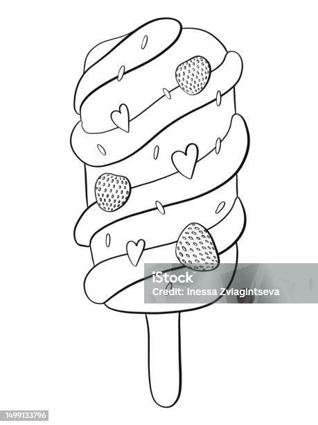 등고선 그림 음식 여름 아이스크림 딸기와 하트 디자인 요소 엽서 색칠 인쇄 및 표지 미디어와 함께 막대기에 갈색에 대한 스톡