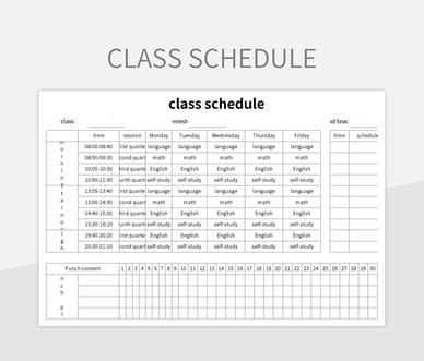 Class Schedule Excel Template And Google Sheets File For Free Download Slidesdocs