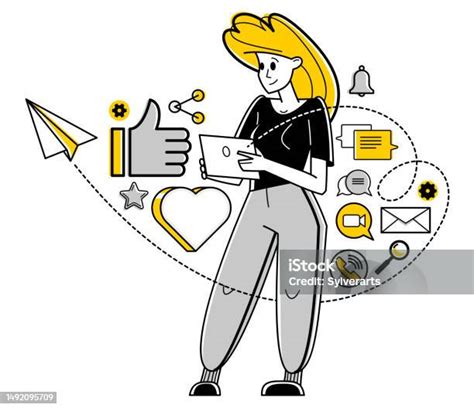 직장에서 소셜 미디어 인플루언서 벡터 개요 그림 온라인 마케팅 작업자 소셜 미디어에서 일하는 관리자 지원 서비스 사회 문제에 대한 스톡 벡터 아트 및 기타 이미지 Istock