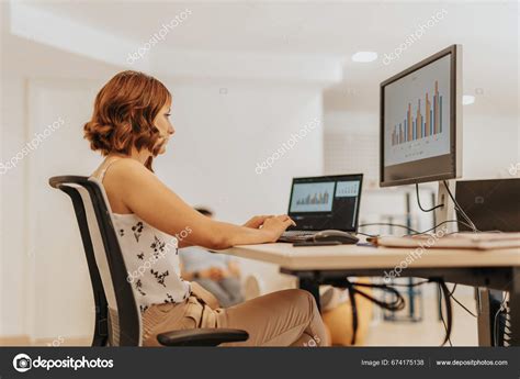 Female Employee Analyzes Data Plans Growth Collaborates Modern Office International Stock Photo