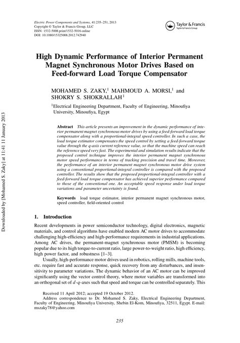Pdf High Dynamic Performance Of Interior Permanent Magnet Synchronous Motor Drives Based On