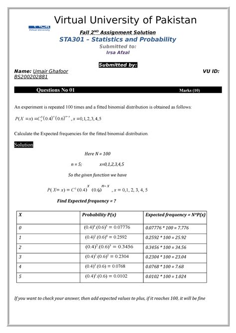 Sta301 2 Cs601 Assignelemtn Virtual University Of Pakistan Fall 2