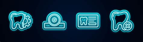 세트 라인 치아 치료 절차 이비인후과 머리 반사경 치과 카드 및 충치와 함께 설정합니다 빛나는 네온 아이콘 벡터 거울에 대한