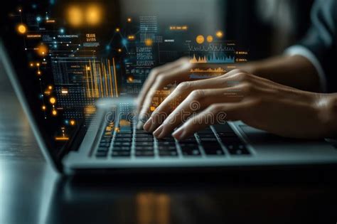 Businessperson Using Laptop For Data Analytics Hands Type On Keyboard Visual Displays Of Data