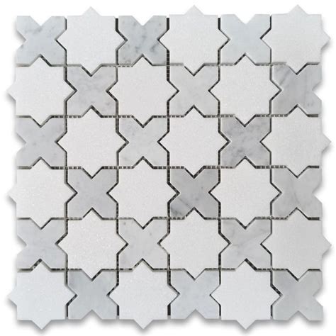 Thassos White Marble 2 Inch Cross Star Mosaic Tile W Carrara White