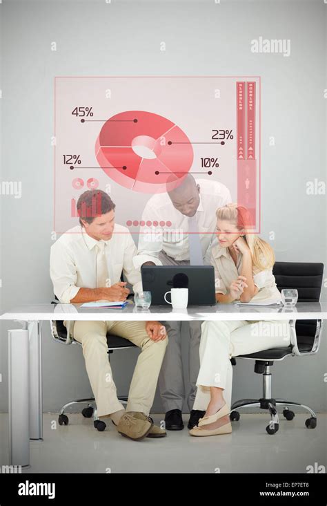 Three Business People Using Red Pie Chart Interface Stock Photo Alamy