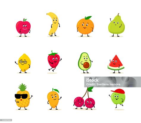 큰 세트 과일 캐릭터 바나나 체리 아보카도 배 오렌지 사과 레몬 파인애플 과일에 대한 스톡 벡터 아트 및 기타 이미지 과일 등장인물 딸기 Istock