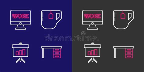 Set Line Office Desk Chalkboard With Diagram Cup Of Tea Tea Bag And