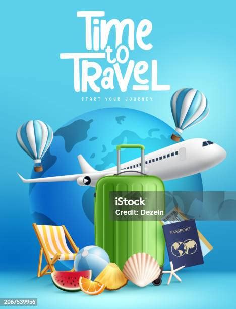 여행 시간 벡터 포스터 디자인입니다 비행기 가방 수하물 여권 및 국제 및 전 세계 여행 티켓이 포함된 여행 시간 텍스트 여행 주제에 대한 스톡 벡터 아트 및 기타 이미지